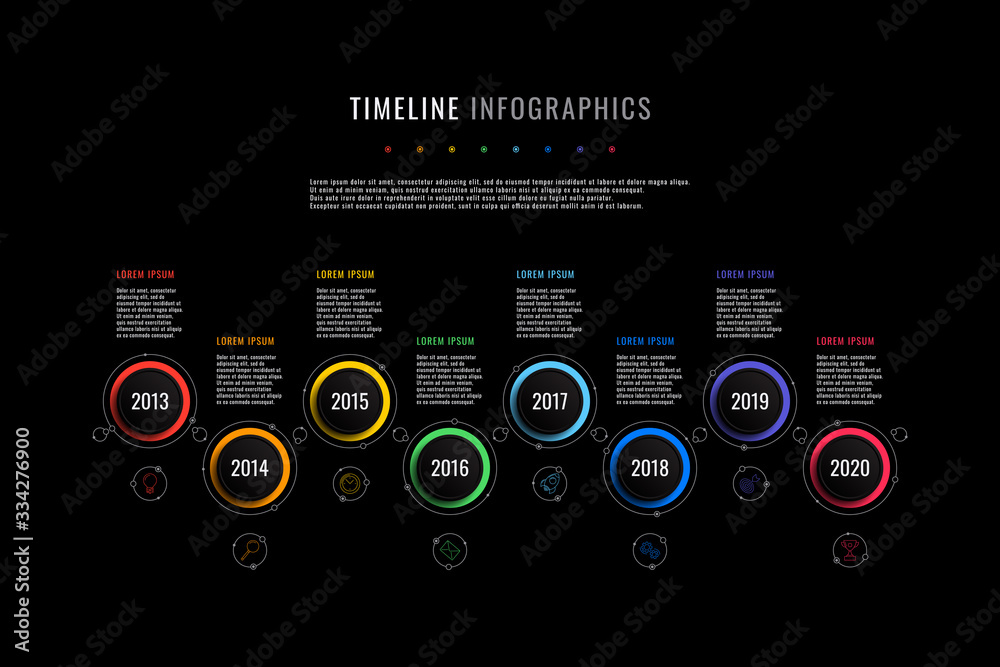 horizontal timeline infographic with round elements, year indication ...