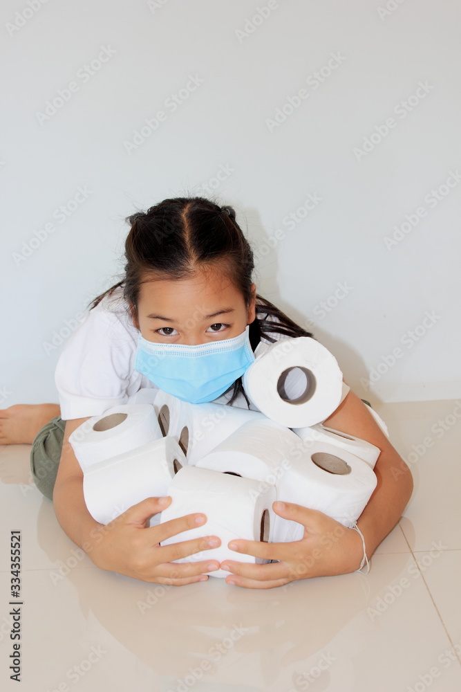 Asian girl storing tissue toilet paper outbreak Covid-19, Concept of ...
