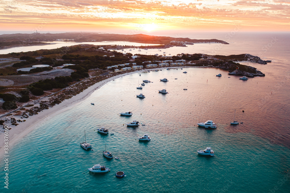 Aerial drone shot of a magical sunset over Rottnest Island, Perth ...