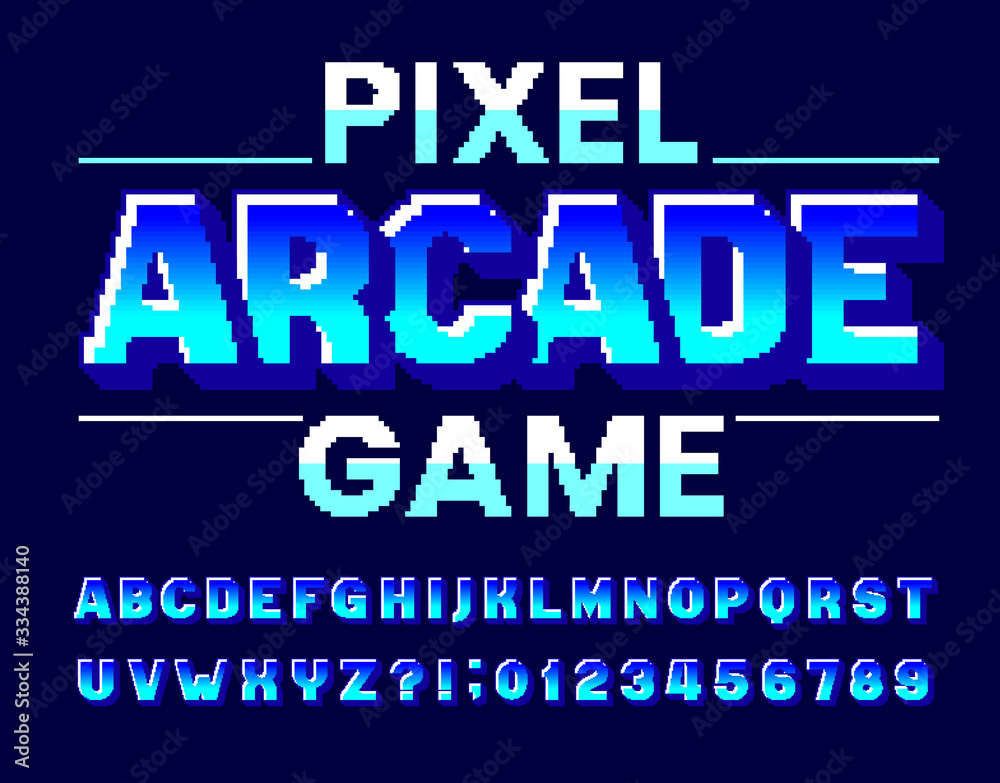 Pixel Arcade Game alphabet font. Digital 3d effect letters and numbers ...