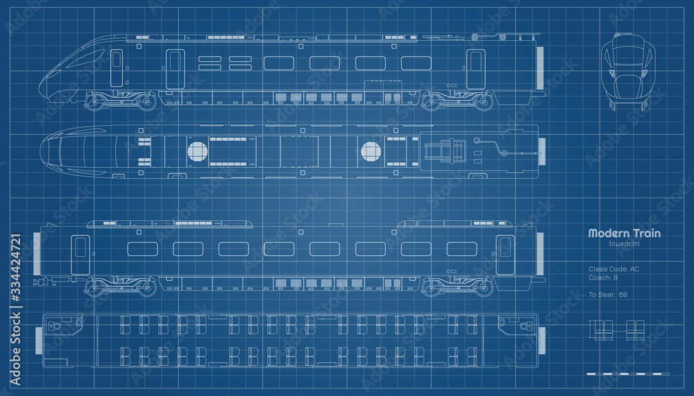 Outline blueprint of modern train. Side, top and front views. Contour ...