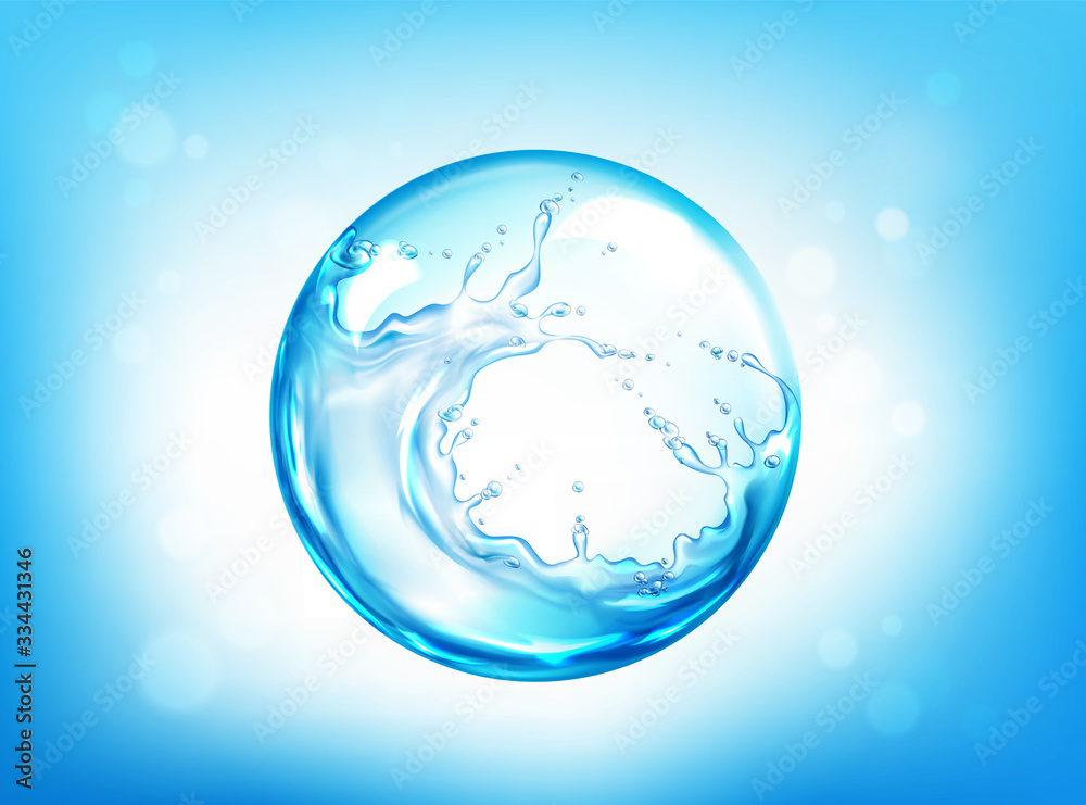 Water splashing sphere on blue defocused background with bokeh. Save ...