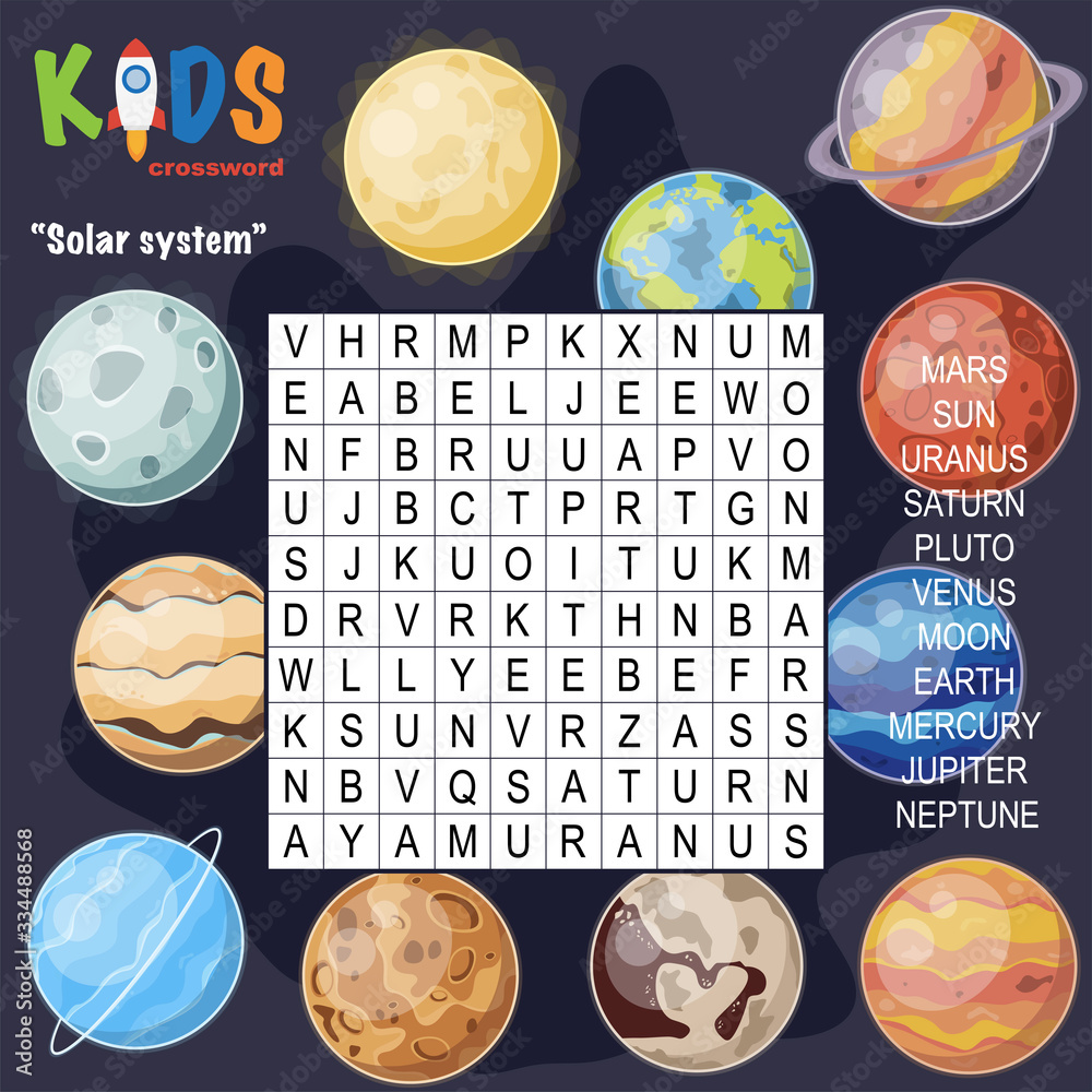 Easy word search crossword puzzle 'Solar system', for children in ...