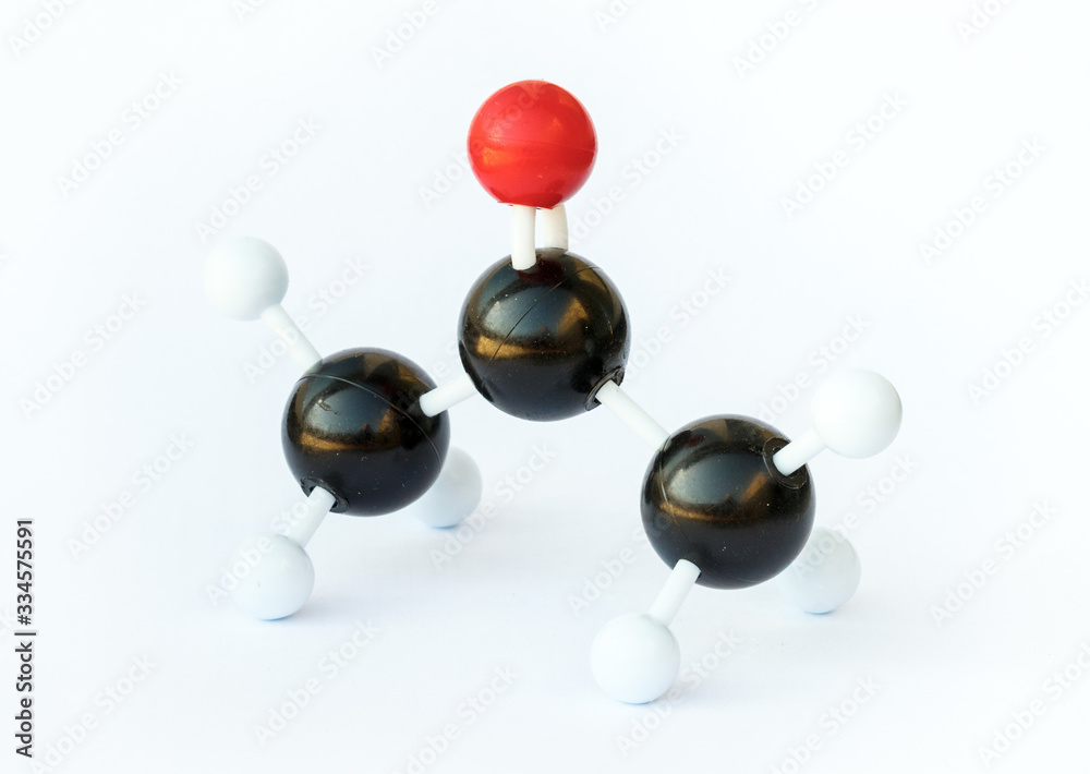 Ball-and-stick-model of an acetone molecule (chemical formula (CH3)2CO ...