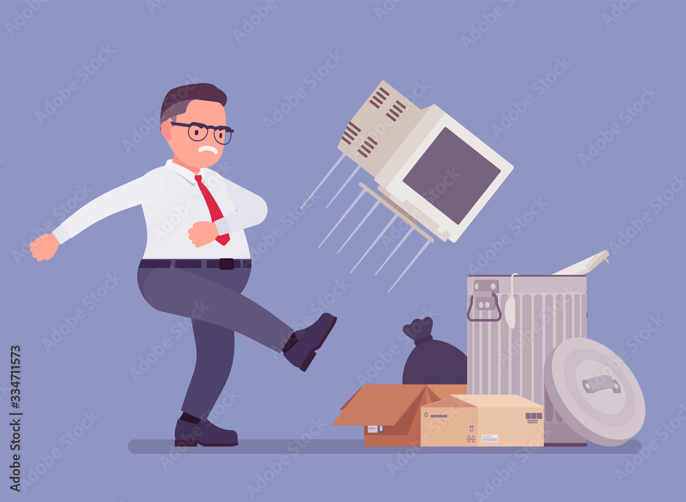 Getting rid of old personal computer. Office angry man kicking throwing ...