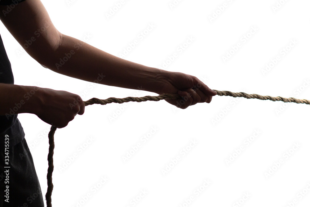 silhouette man hands pulling a rope tug of war on isolated white ...