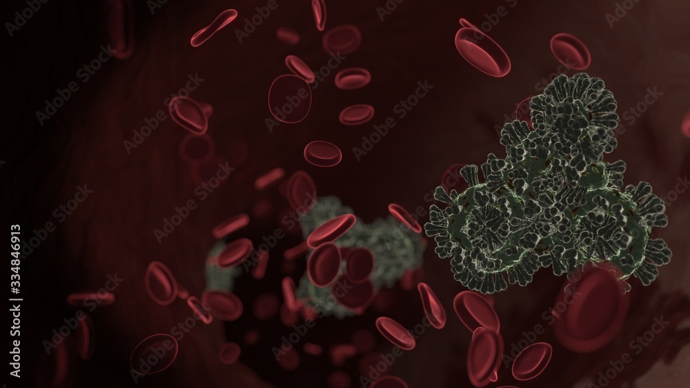 microscopic 3D rendering view of virus shaped as symbol of bike with rider inside vein with red ...