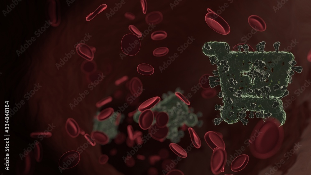 microscopic 3D rendering view of virus shaped as symbol of cart plus ...