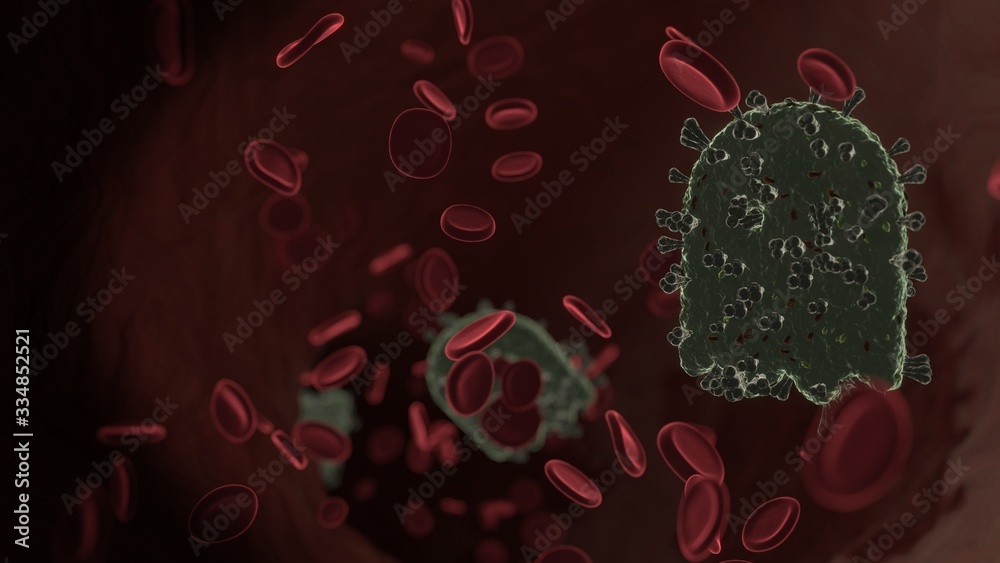 microscopic 3D rendering view of virus shaped as symbol of ghost inside ...