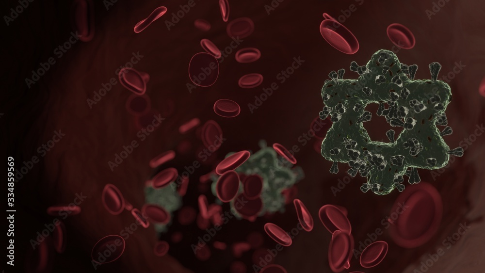 microscopic 3D rendering view of virus shaped as symbol of star of ...