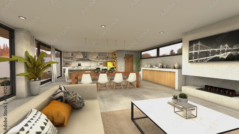 Ilustración de Stock COCINA CON ISLA Y COMEDOR CASA RUSTICA DE CAMPO ...