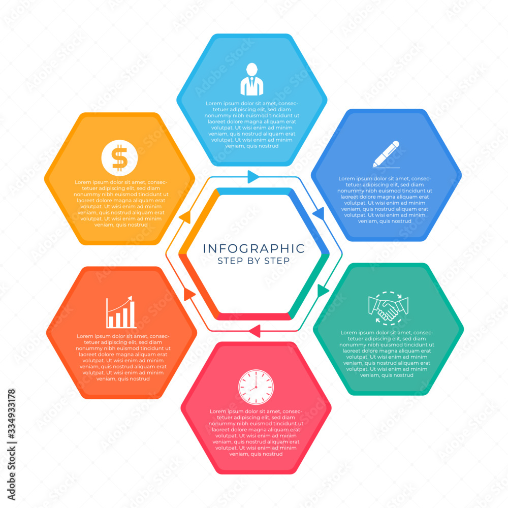 Infographic geometric hexagon design colorful workfliow step icon style ...