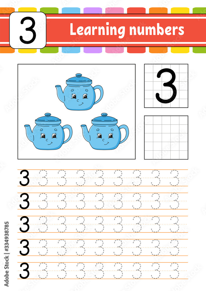 Number 3. Trace and write. Handwriting practice. Learning numbers for ...
