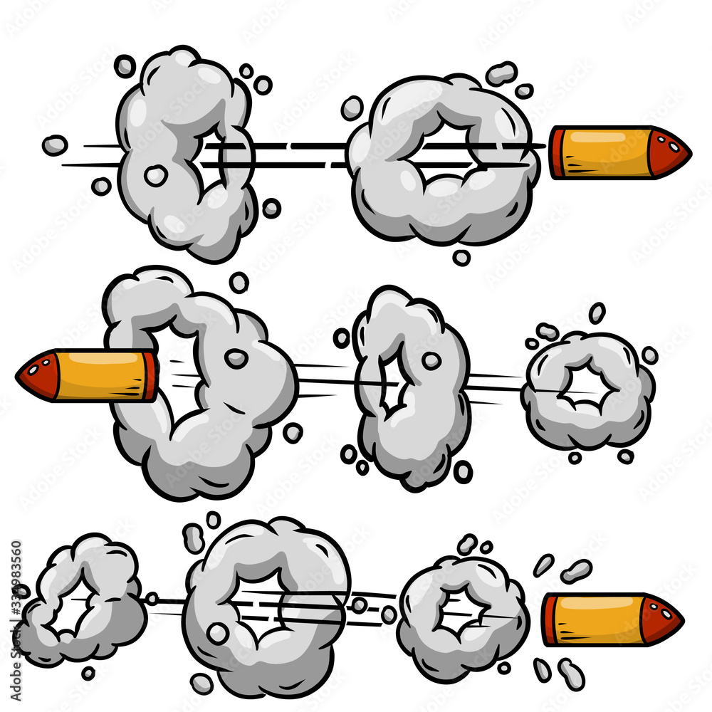 Shot from gun. Flying Bullet. Set Funny comic element. Cloud and smoke ...