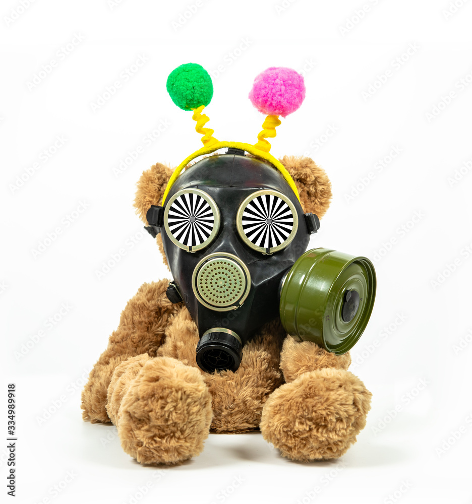 Teddy bear wearing gas mask with hypnotic eyes Stock Photo | Adobe Stock