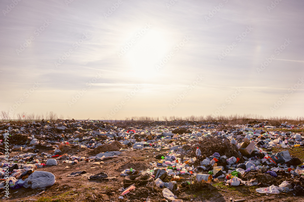 Domestic garbage in landfill. A pile of plastic trash on dump. Stop ...