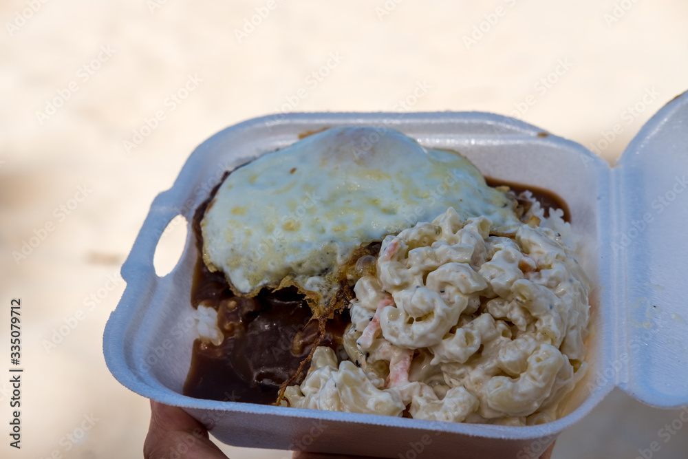 Moco Loco in a styrofoam plate - egg and gravy over rice - macaroni ...