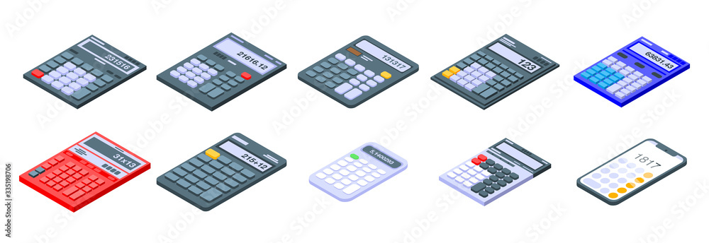 Calculator icons set. Isometric set of calculator vector icons for web ...