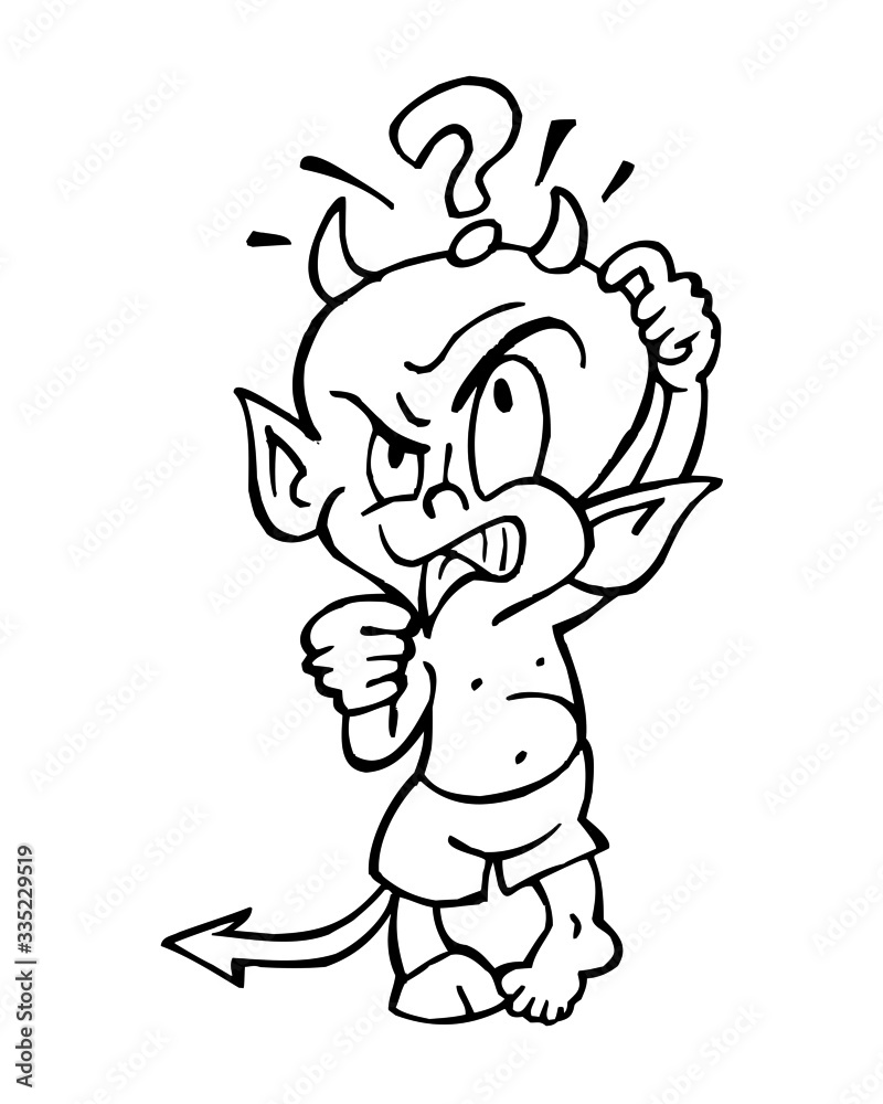 Cute little devil meditating and scratching his finger on his head ...