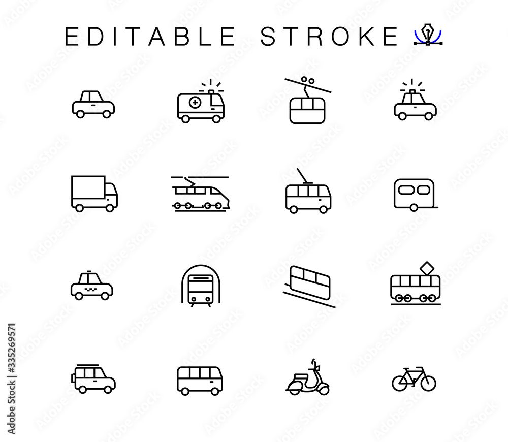 Urban transport vector linear icons set. Transportation outline symbols ...