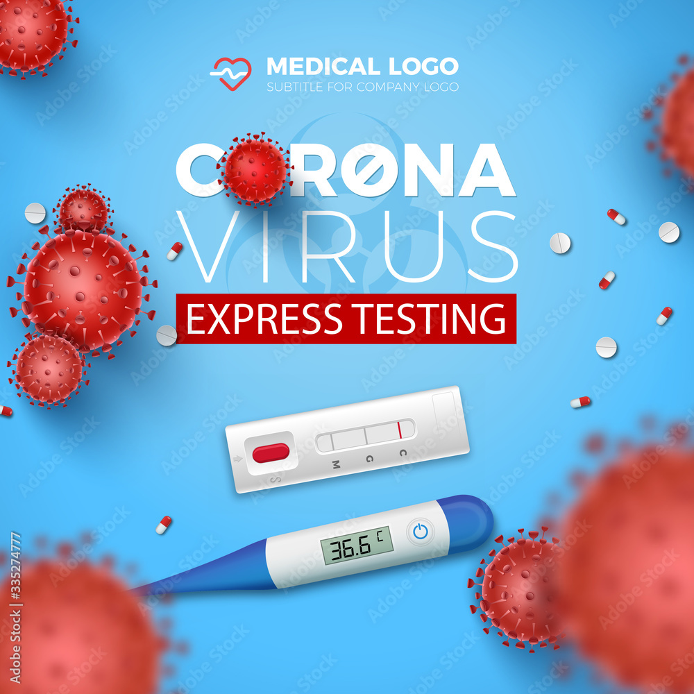 Coronavirus Express Testing card. Covid-19 rapid test, 3d red virus ...