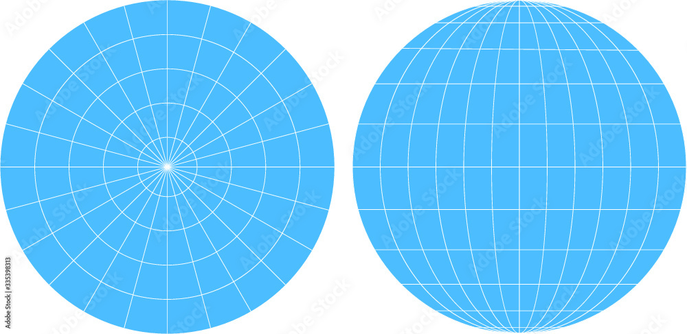 Planet earth viewed from the pole and frontal view. Grid of meridians ...