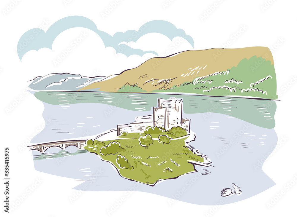 Scotland Europe vector sketch landscape illustration line art Stock ...