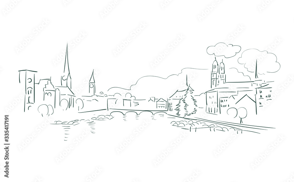 Zurich Switzerland Europe vector sketch city illustration line art ...