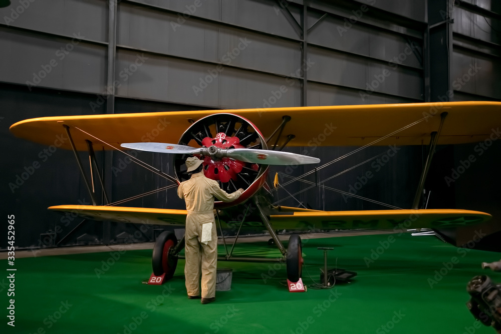 World War I biplane maintenace on engine. National Museum of the United ...