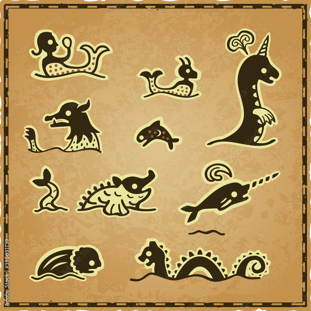 Vector set of sea monster map icons on a parchment background with a ...