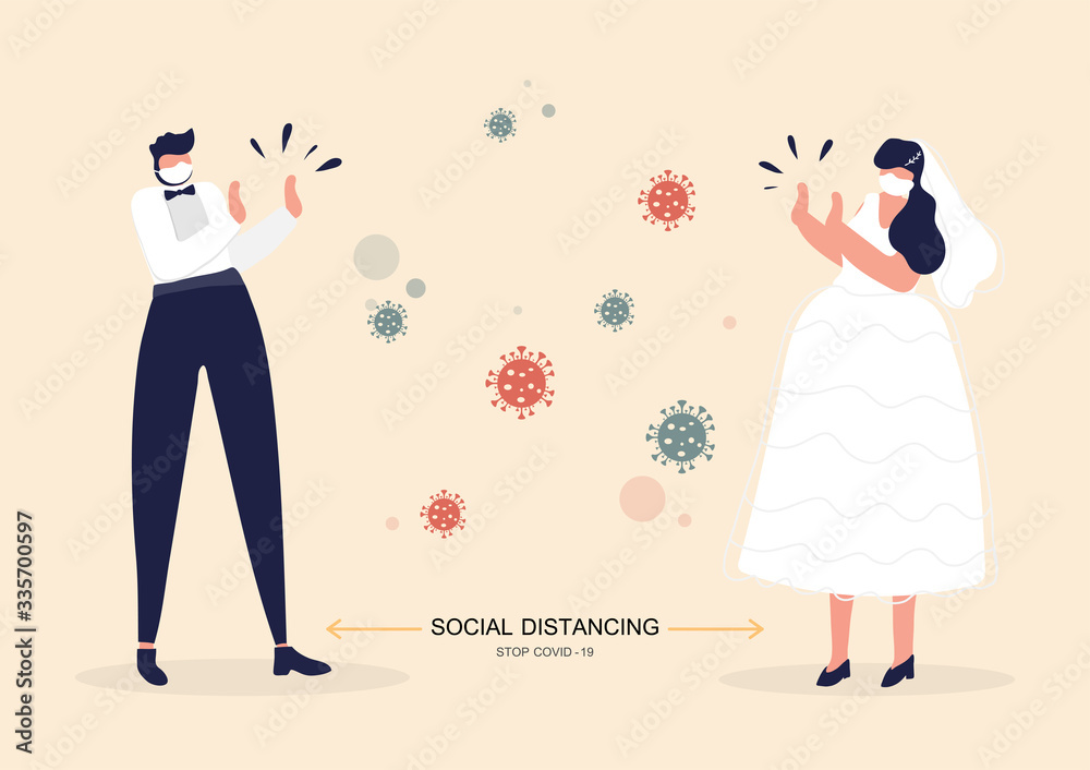 Concept social distancing. Cartoon characters, men and women wear ...