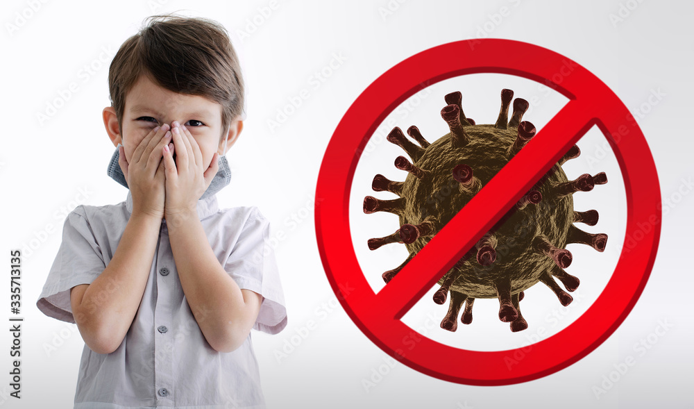 Young boy opens protection mask and covers his nose with his hands ...