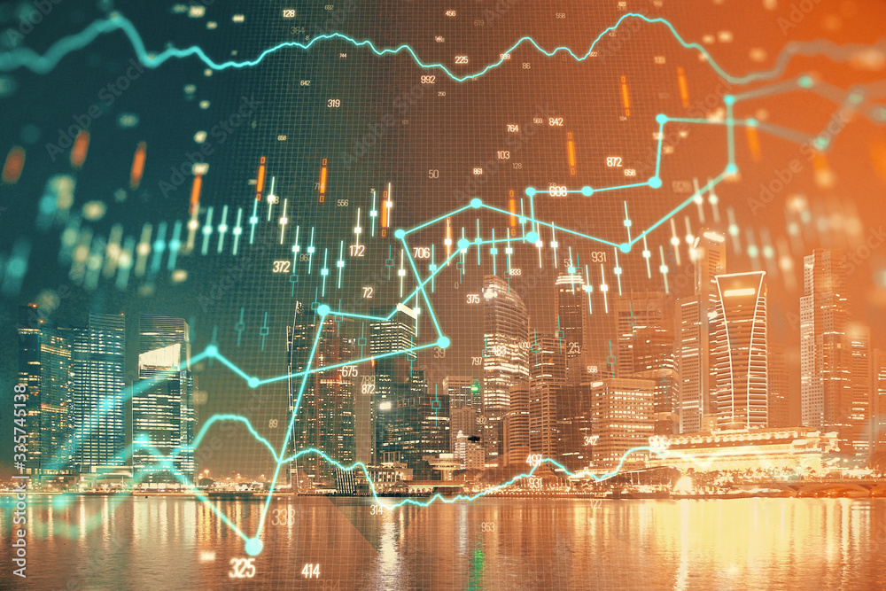 Financial chart on city scape with tall buildings background multi ...