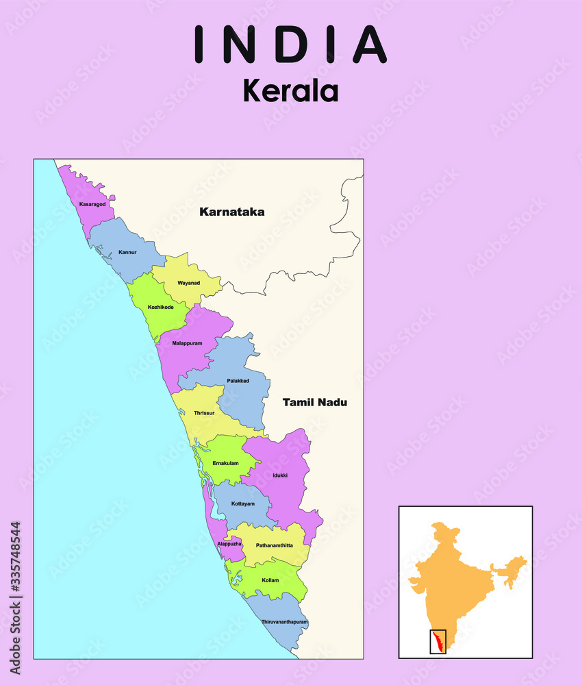 Kerala map. vector illustration of colourful district map of Kerala ...