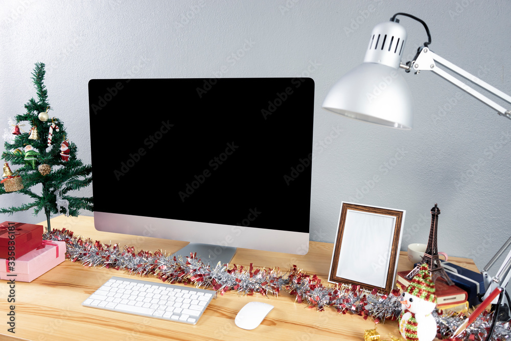 mock up set up of computer desktop system laying on wooden desk with ...