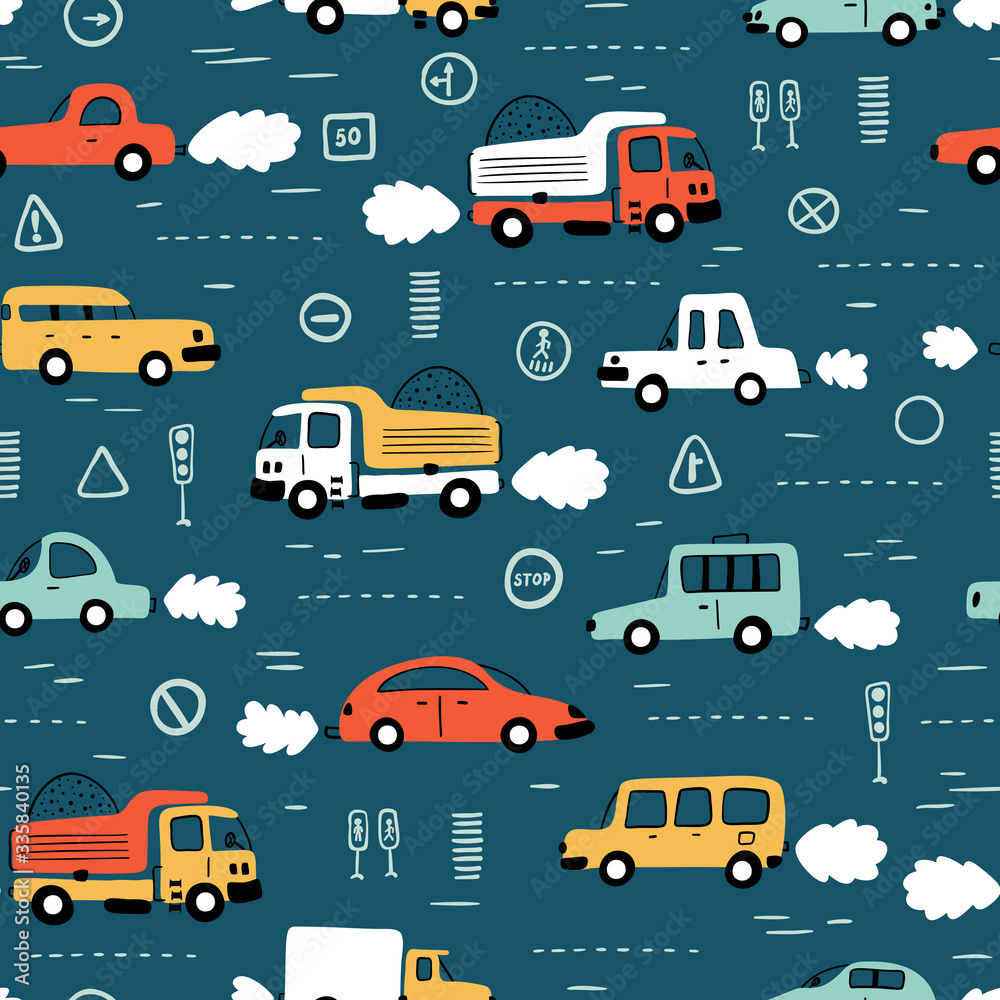 Cartoon Transportation Background for Kids. Vector Seamless Pattern ...