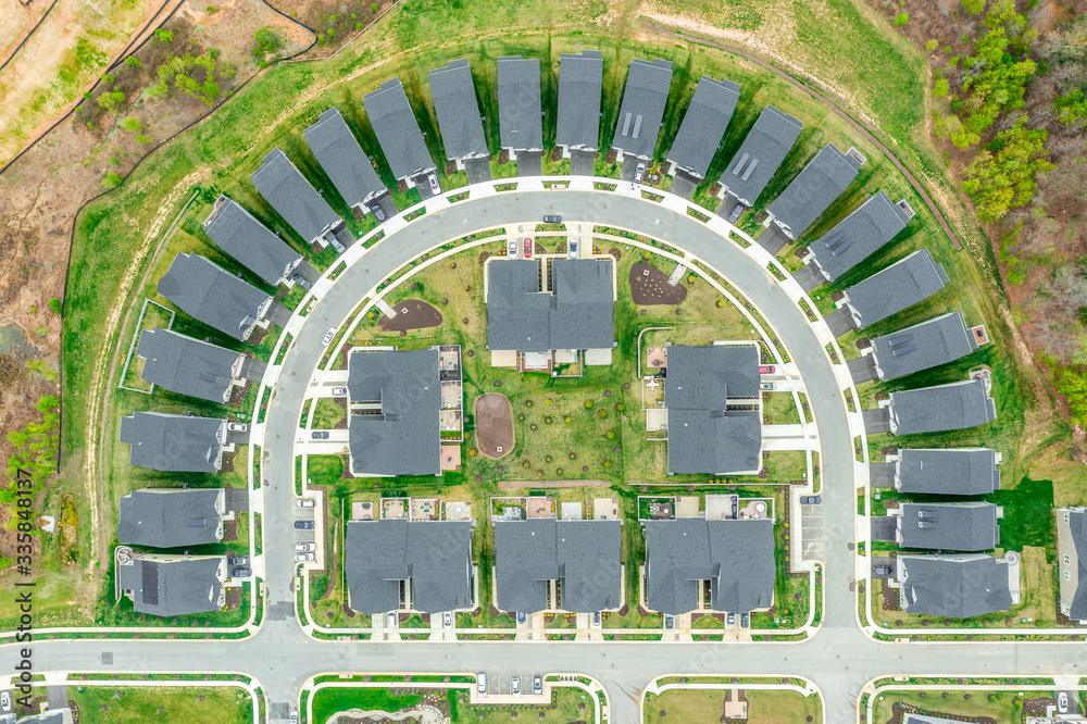 Aerial view of the symmetric American residential neighborhood, single ...