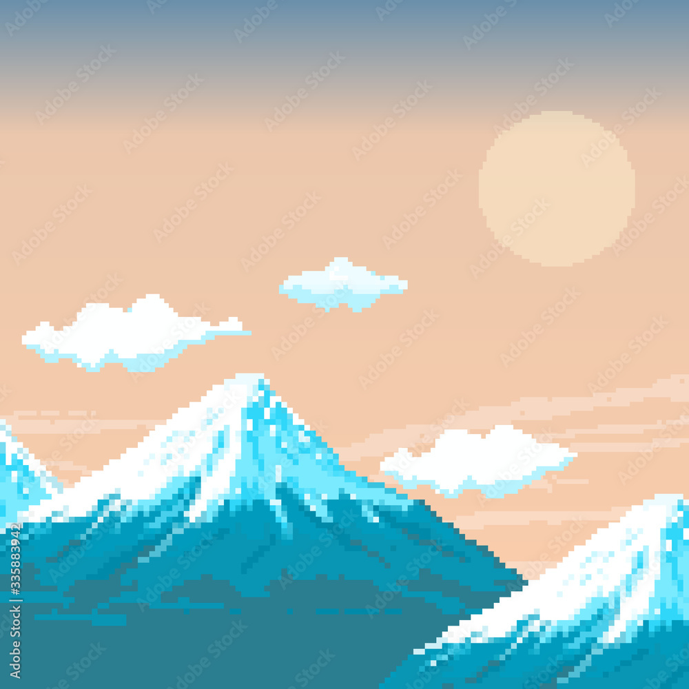 Image vectorielle Stock Pixel Fuji mountain at sunset and the red sun ...