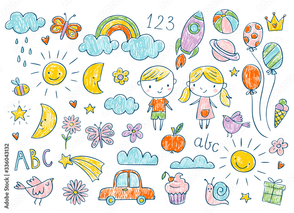 Vector hand-drawn kids doodle set. Drawings for children in color on ...