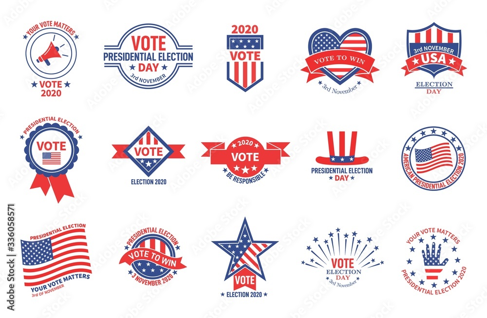 Election badges. Political campaign, usa presidential day vote ...