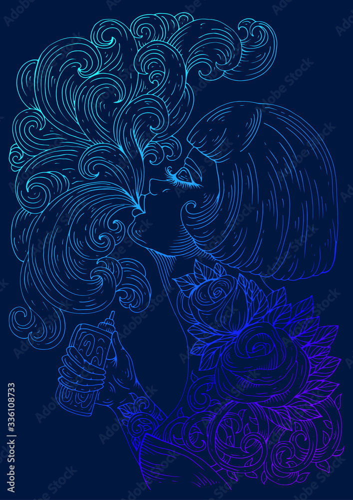 Vector profile glamorous woman with a haircut bob, let a pair vaping e ...