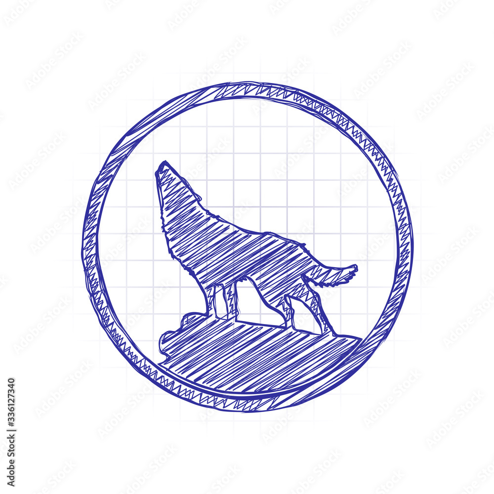 wolf. simple icon. Hand drawn sketched picture with scribble fill. Blue ink. Doodle on white ...