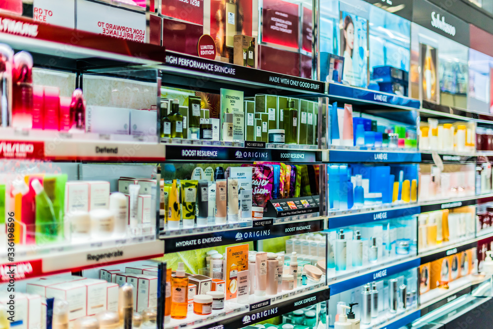 Cosmetics and skincare products on a store shelf in Sephora shop Stock ...
