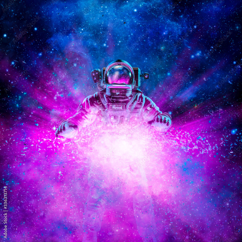 Cosmic light astronaut / 3D illustration of science fiction scene with ...