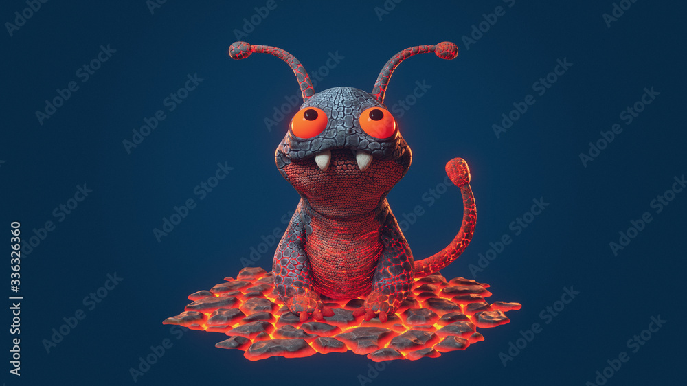 3d illustration of cute little cartoon red hot magma monster sitting on ...