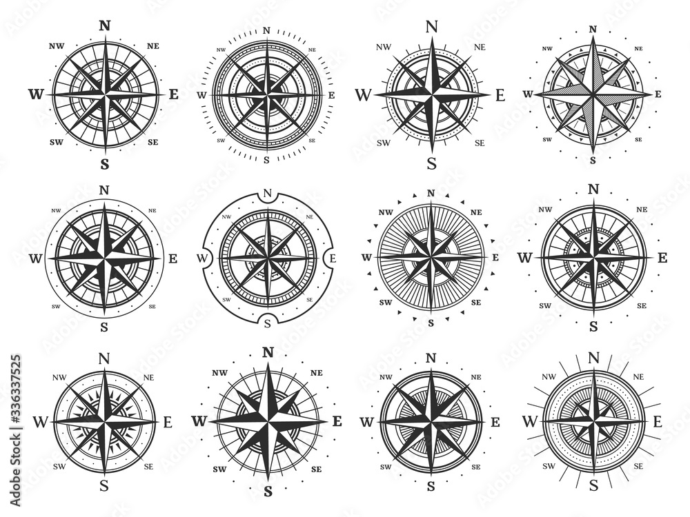 Nautical compass wind rose vector icons. Isolated vintage symbols of ...