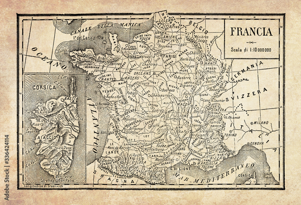 Ancient map of metropolitan France in Western Europe including the ...