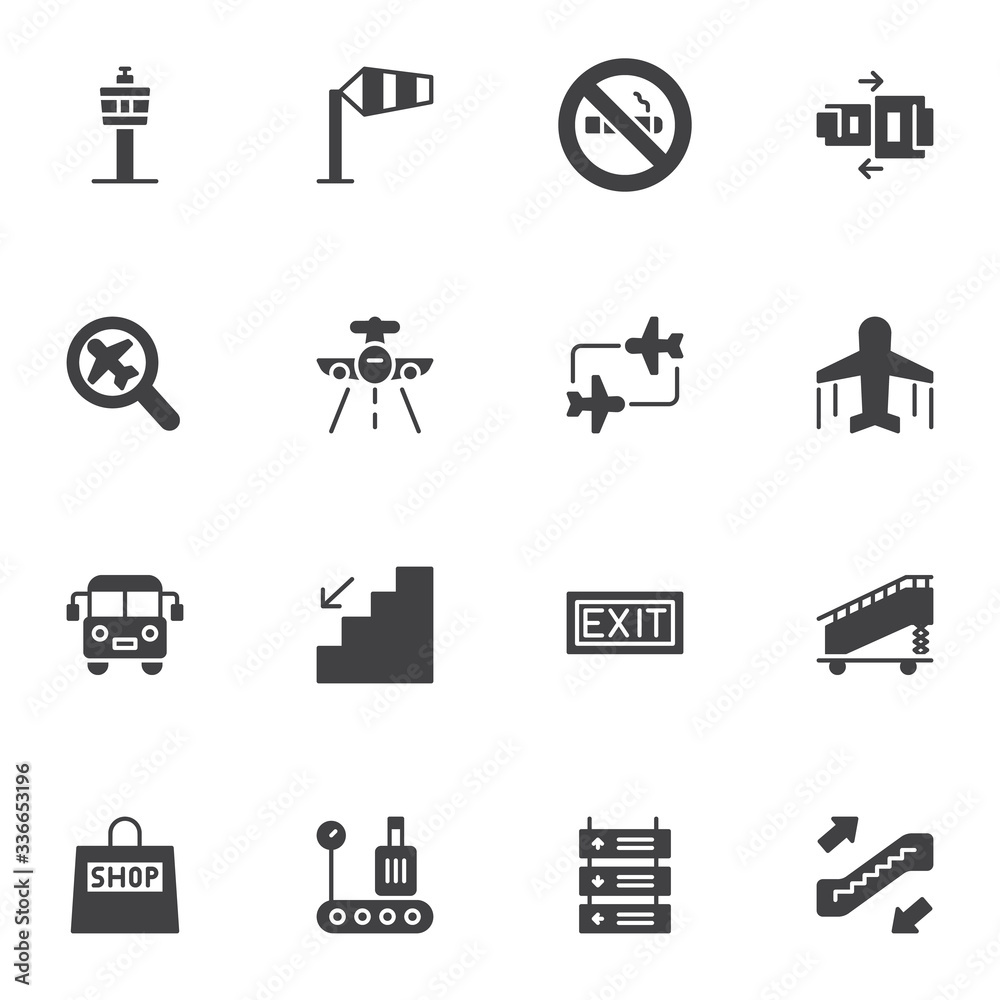 Airport vector icons set, modern solid symbol collection, filled style ...