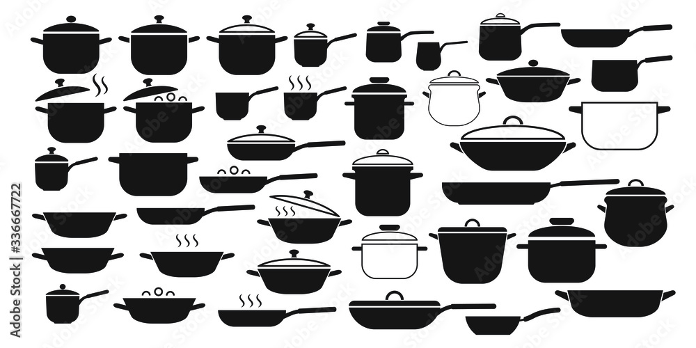 Vector set of kitchen utensils icons. Collection pots and pans with ...