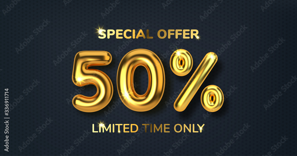 50 off discount promotion sale made of realistic 3d gold balloons ...